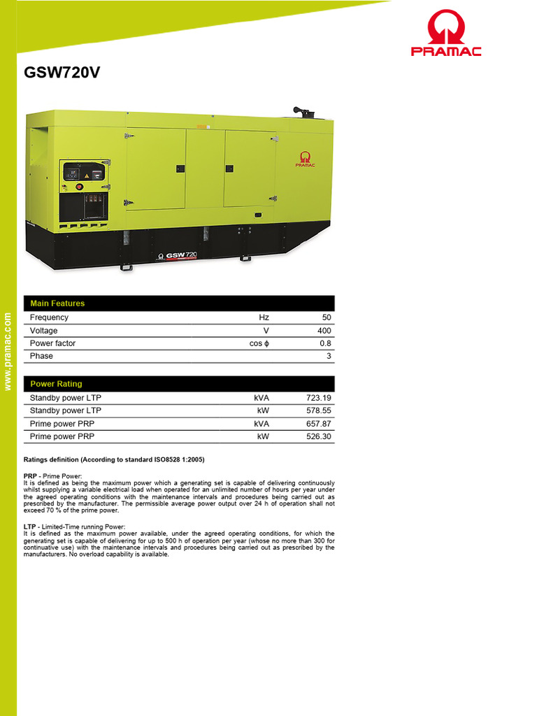 GSW720V Pramac Volvo Data Sheet | PDF | Power (Physics) | Mechanical Engineering