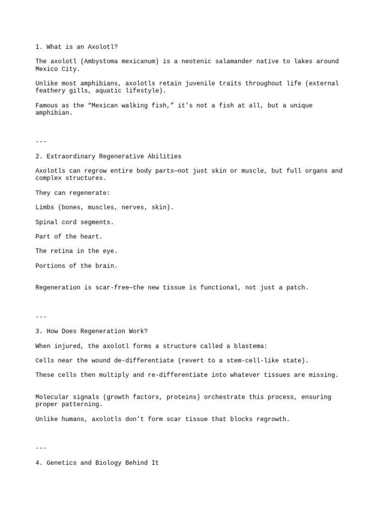 Notes on Axolotl Regeneration | PDF | Regeneration (Biology) | Biology