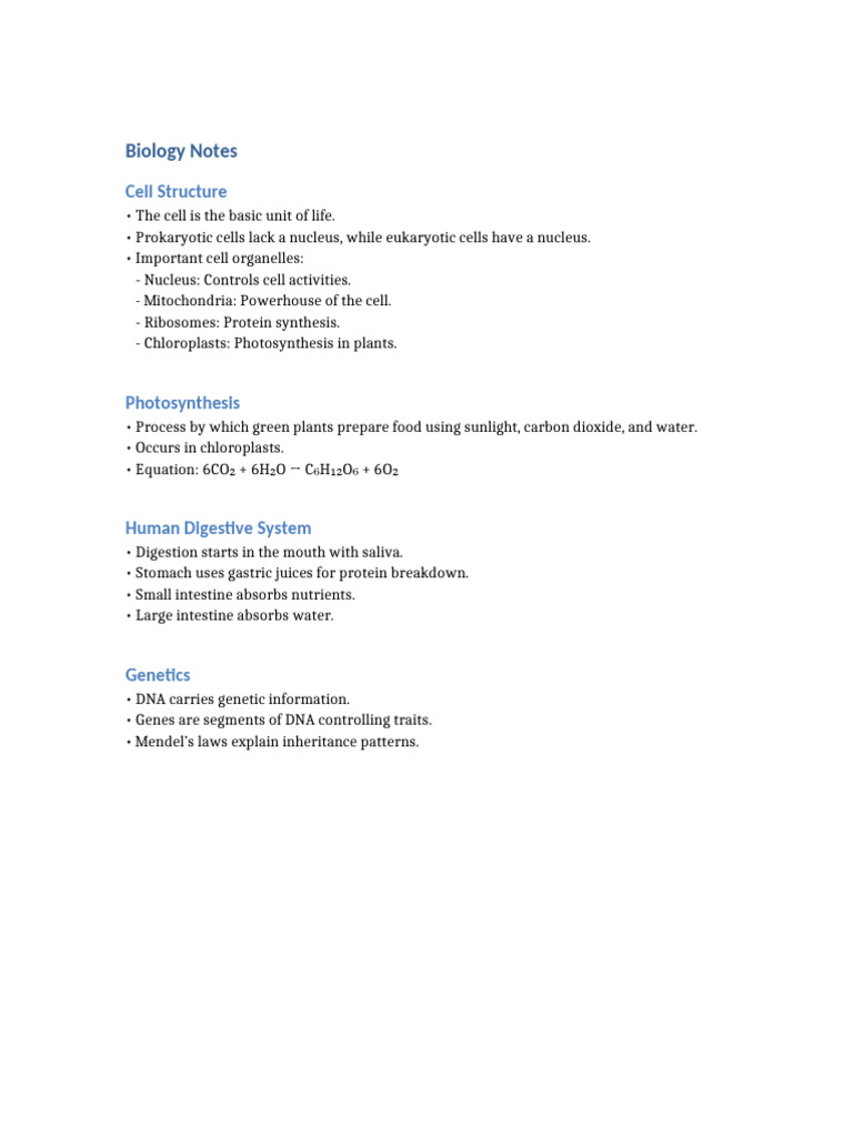 Biology Notes: Cells, Photosynthesis, Genetics | PDF