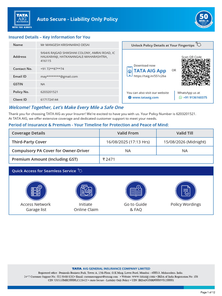 Auto Secure - Liability Only Policy: Tata Aig App | PDF | Vehicle ...