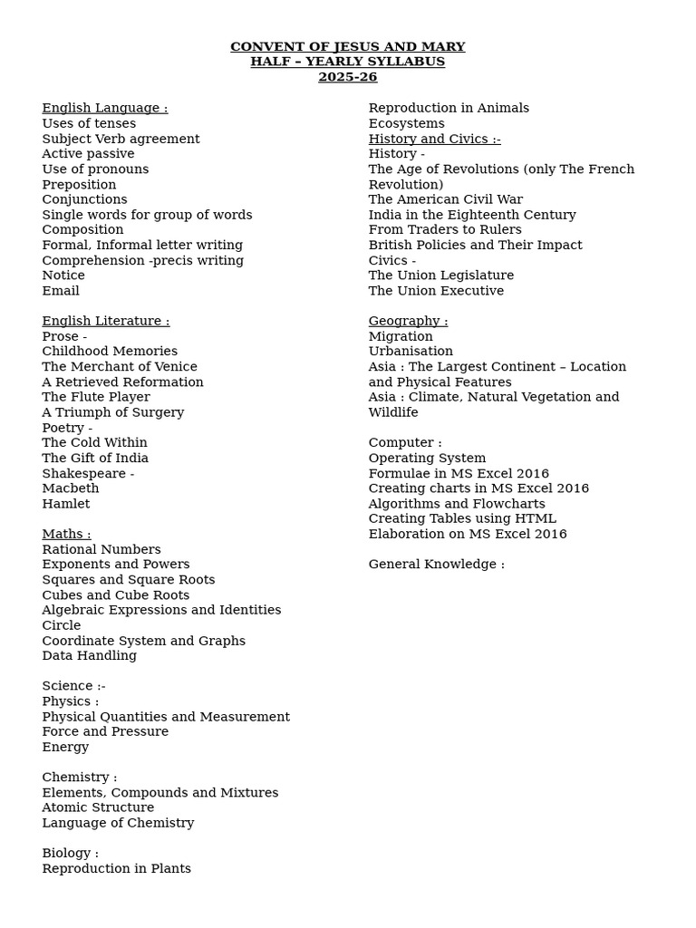 Syllabus for Hf 2025-26 Kaksha Aath | PDF