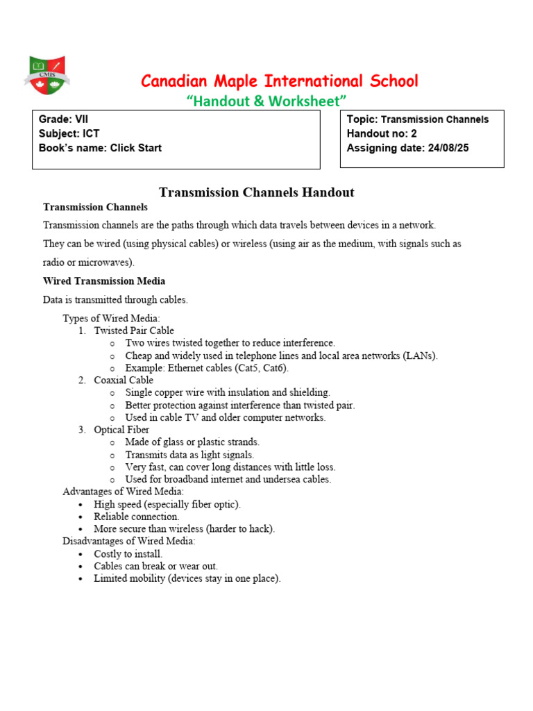 G7 ICT Transmission Channels Handout & Worksheet | PDF | Transmission ...