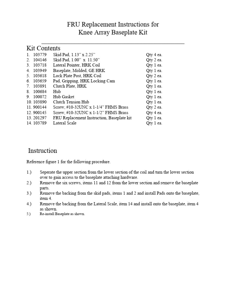 FRU Instructions: Knee Baseplate Kit | PDF