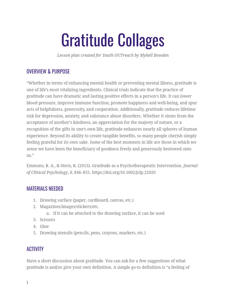Gratitude Collage Lesson Plan | PDF | Gratitude | Emotions