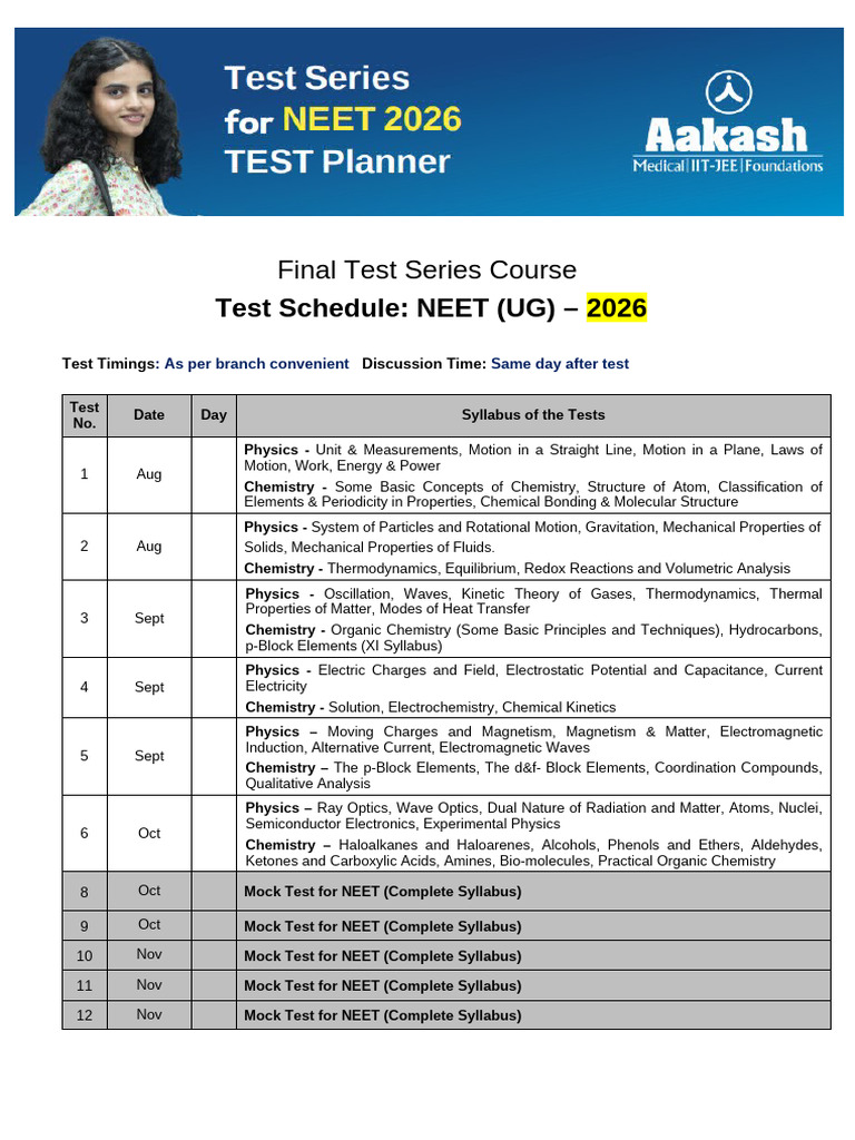 NEET 2026 Final Test Series Schedule | PDF | Chemistry | Physics