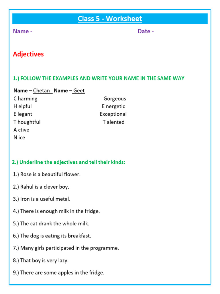 Adjective Worksheet for Class 5 | PDF | Chess Openings | Chess