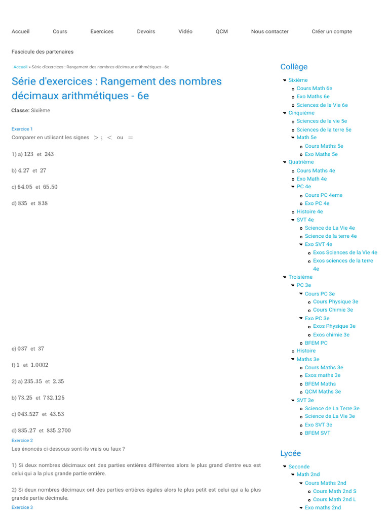 Rangement des Nombres Décimaux 6e | PDF | Décimal | Hypertexte