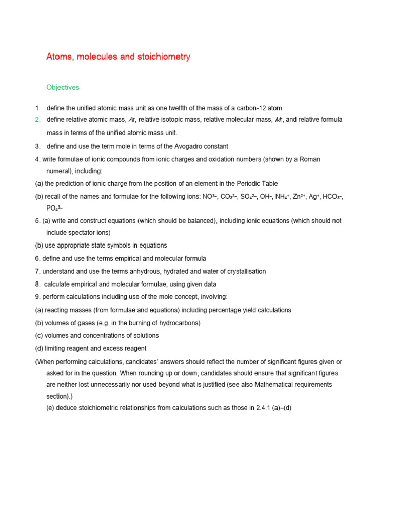 Atoms, Molecules and Stoichiometry | PDF | Molecules | Chemical Compounds