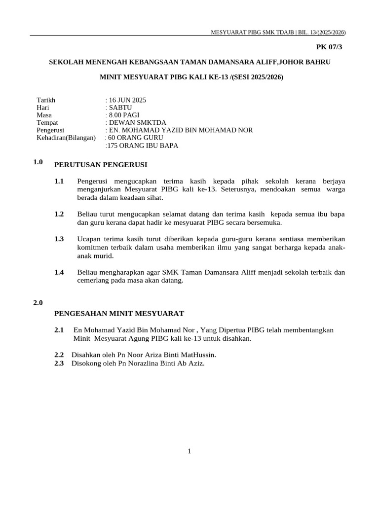 13 TH AGM MESYUARAT PIBG 2025 2026 | PDF