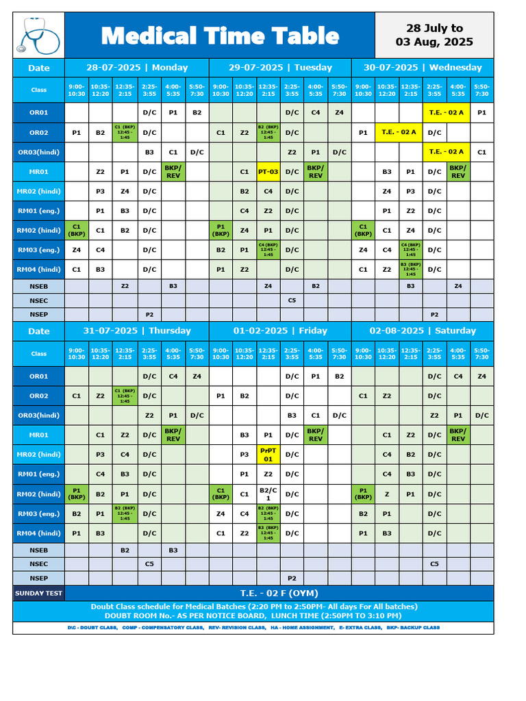 Medical Time Table 28 July To 3 Aug NNNNNN | PDF