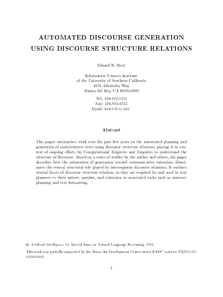 Automated Discourse Generation Using Discourse Structure Relations | PDF | Discourse | Linguistics