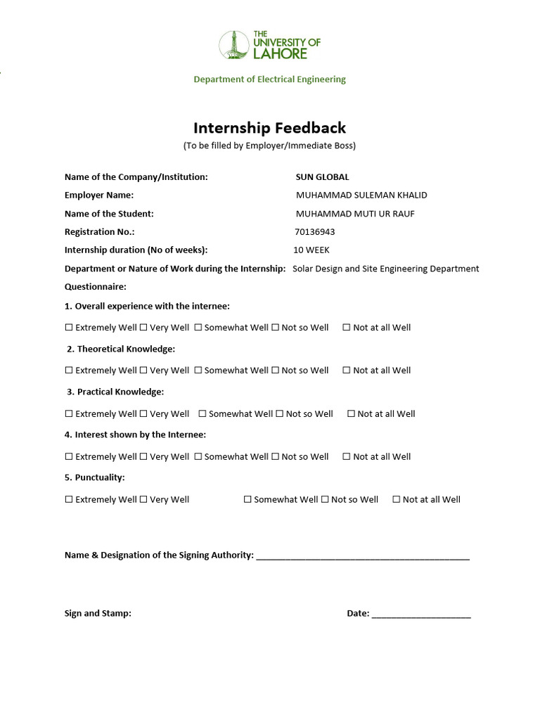 Internship Feedback Form | PDF