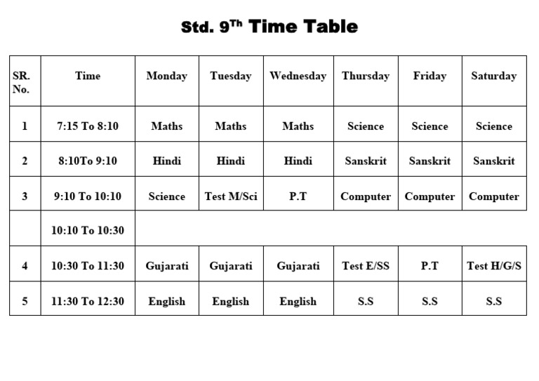 Std 9 Weekly Class Schedule | PDF