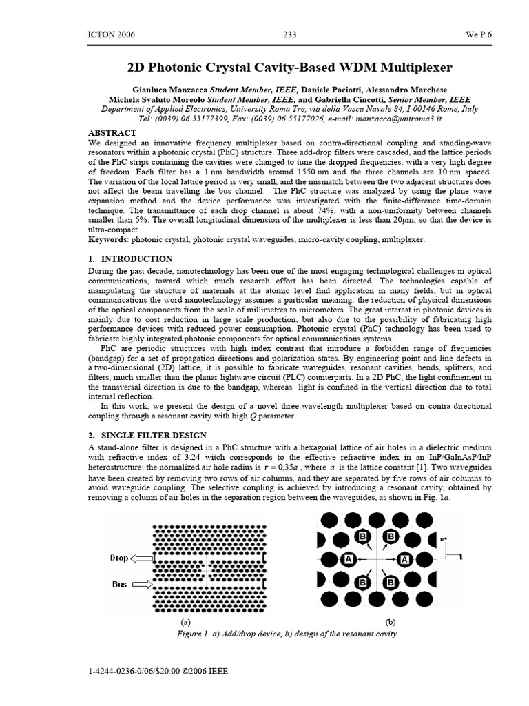 2D Photonic Crystal Cavity-Based WDM Multiplexer | PDF | Resonance | Waveguide