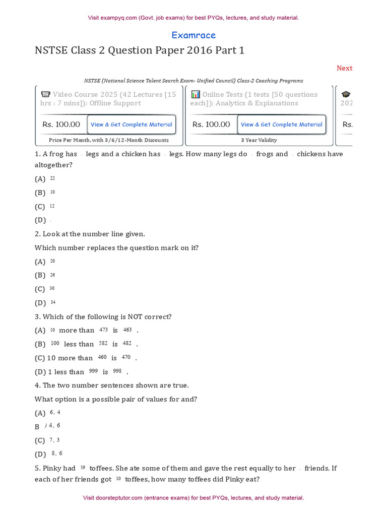 NSTSE Class 2 Question Paper 2016 Part 1 | PDF