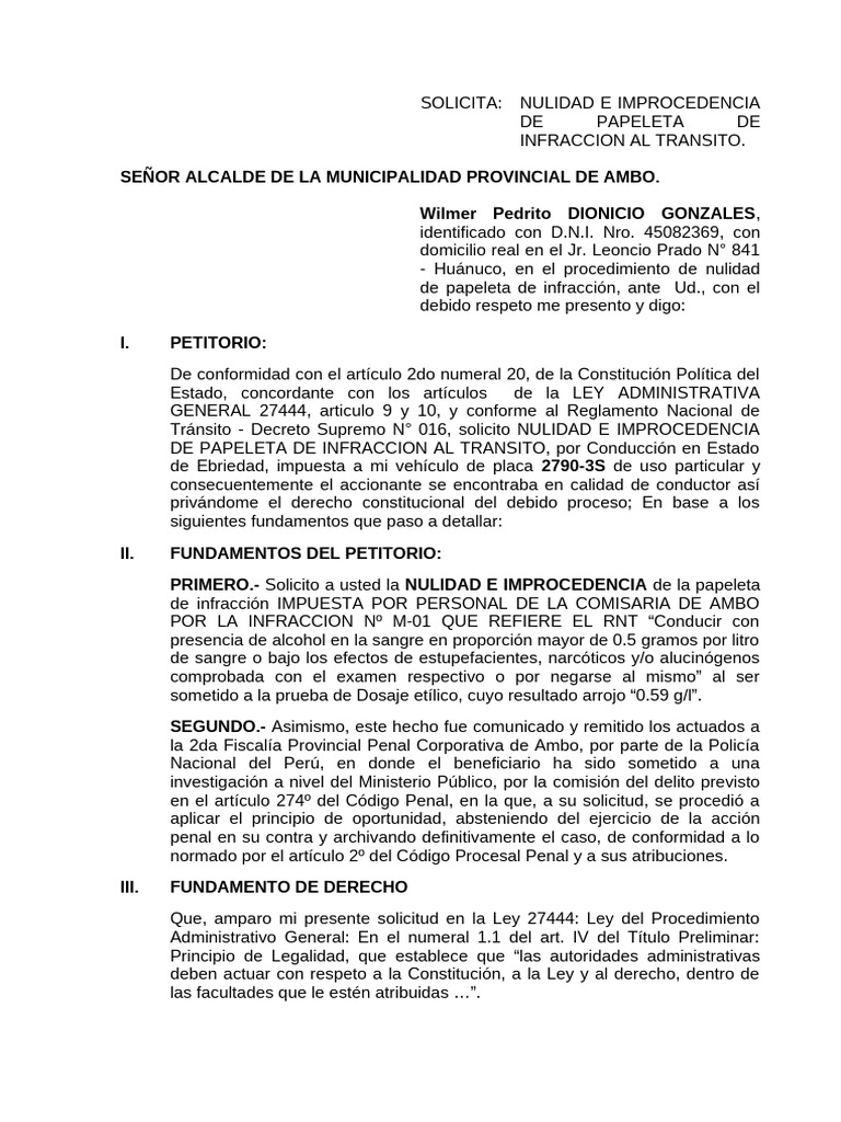 Solicito Nulidad X Estado de Ebriedad | PDF | Derecho penal | Conceptos ...