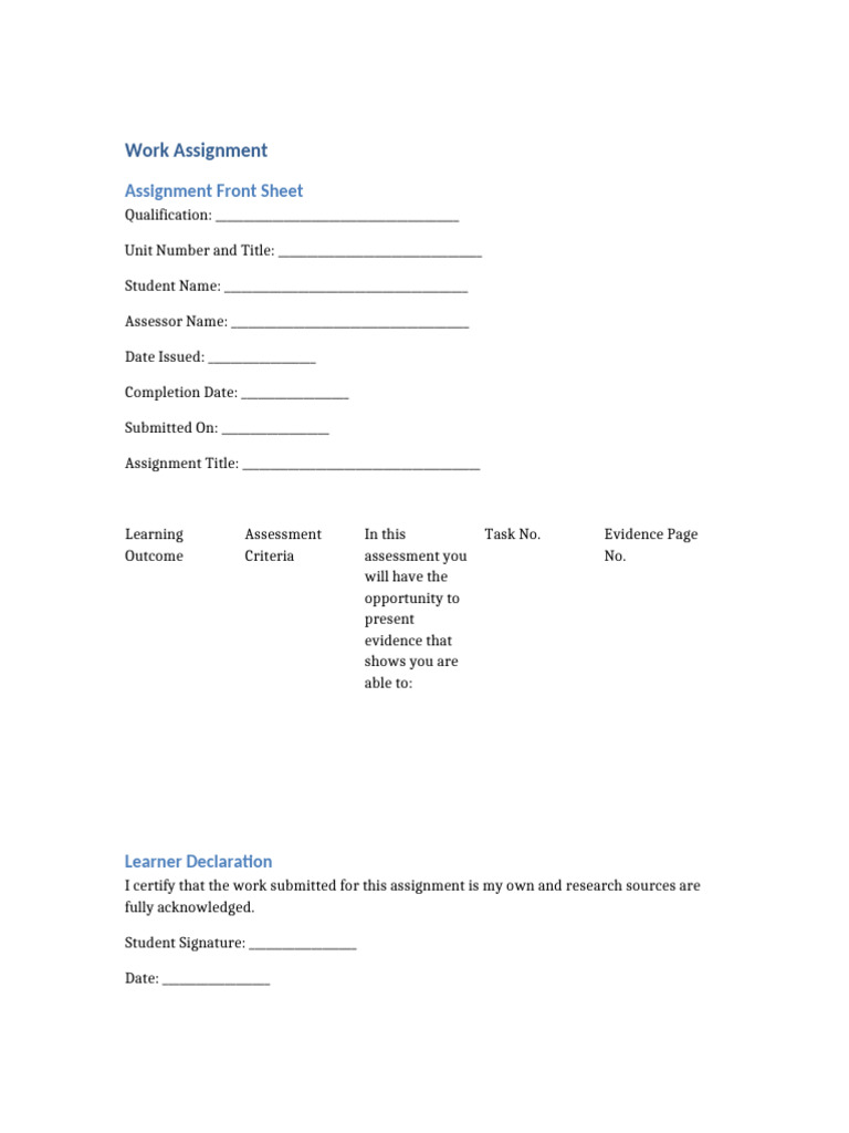 Assignment Front Sheet Pdf