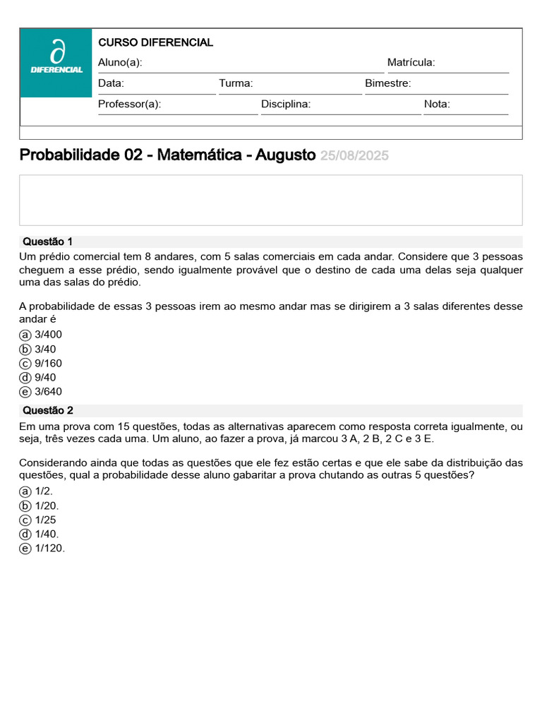 Probabilidade 02 Matematica Augusto | PDF | Probabilidade