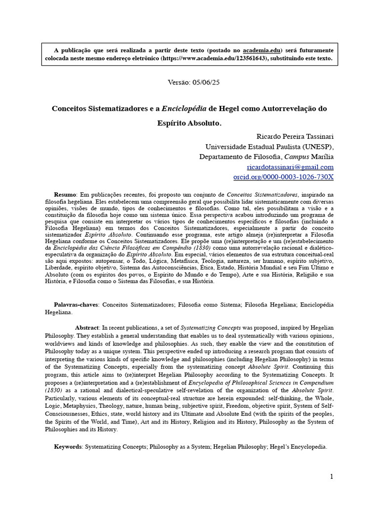 Conceitos Sistematizadores na Filosofia Hegeliana | PDF | Absoluto ...