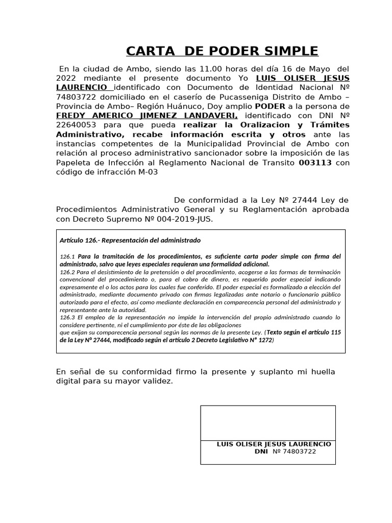 Carta de Poder Simple Luis Oliser Jessus Laurencio | PDF