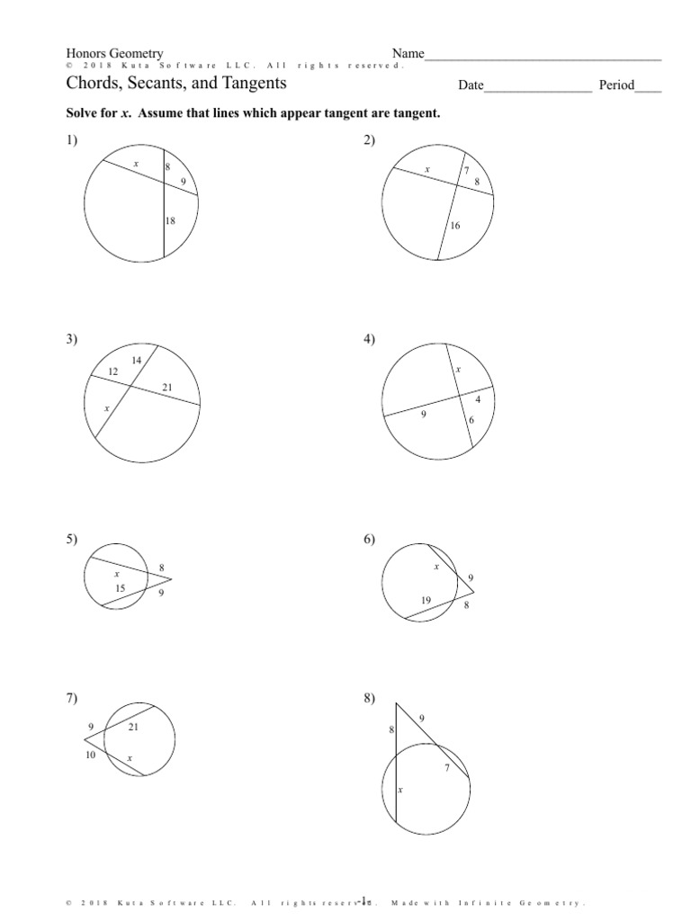 Chords, Secants, and Tangents Worksheet | PDF | Mathematics | Triangle ...