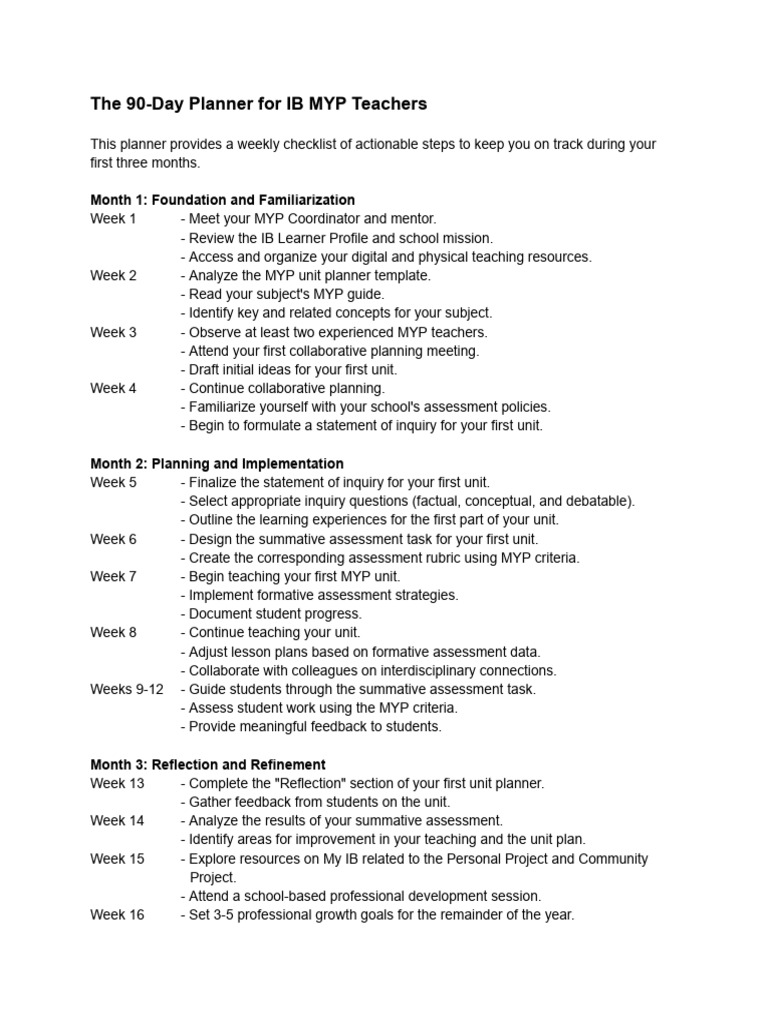 90-Day Planner for New IB MYP Teachers | PDF | Educational Assessment ...