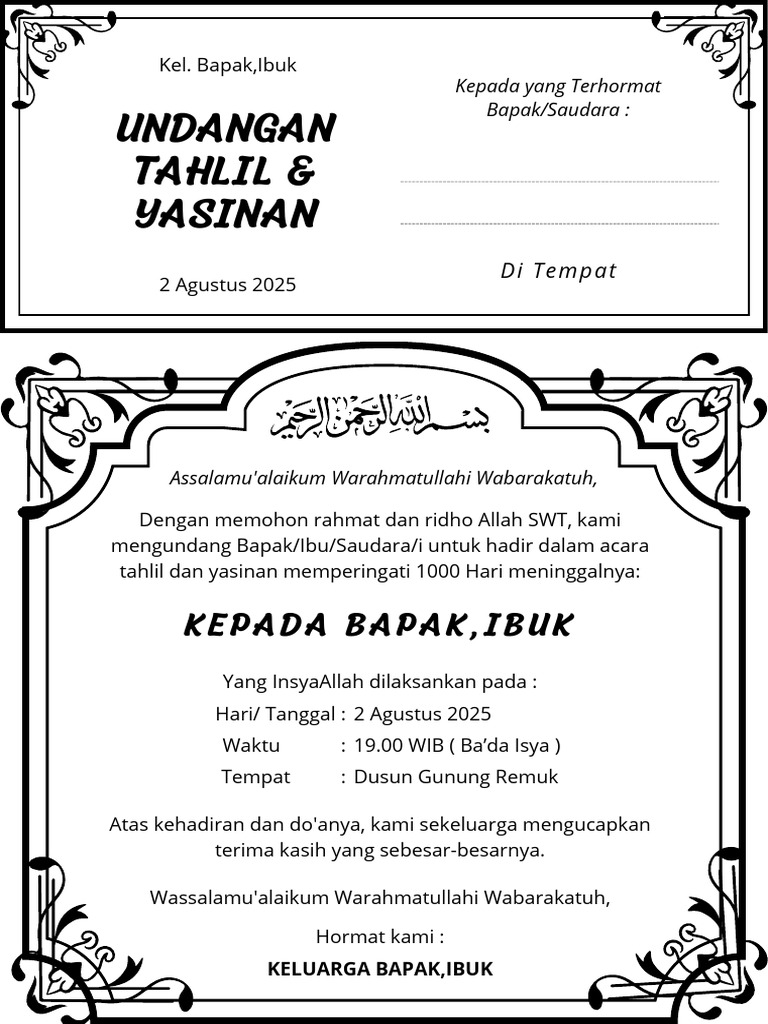Hitam Putih Ornamen Undangan Tahlil & Yasinan Memperingati Wafat ...