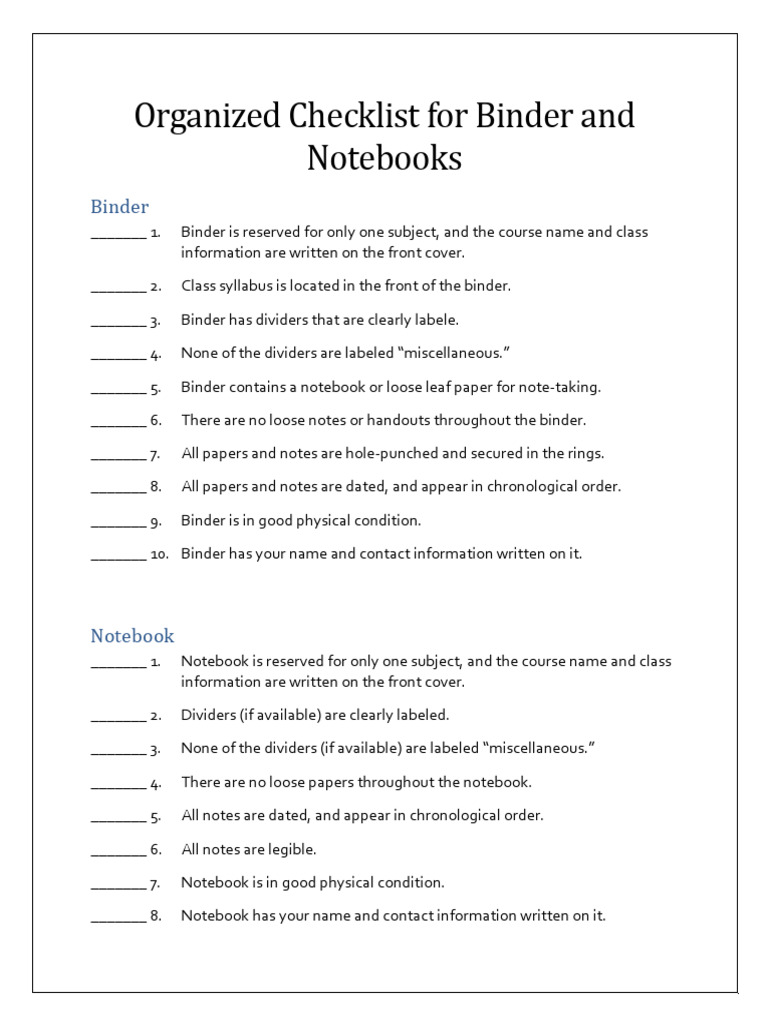 Binder and Notebook Organization Checklist | PDF