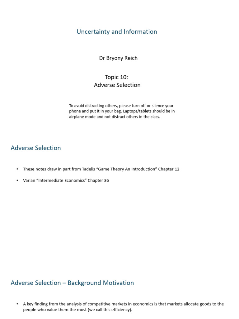 Topic 10 Adverse Selection | PDF | Market (Economics) | Adverse Selection