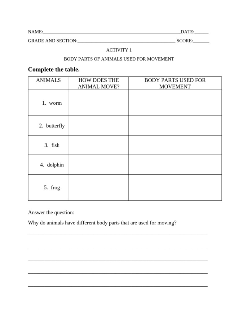Activity Body Parts of Animals Used For Movement 1 | PDF