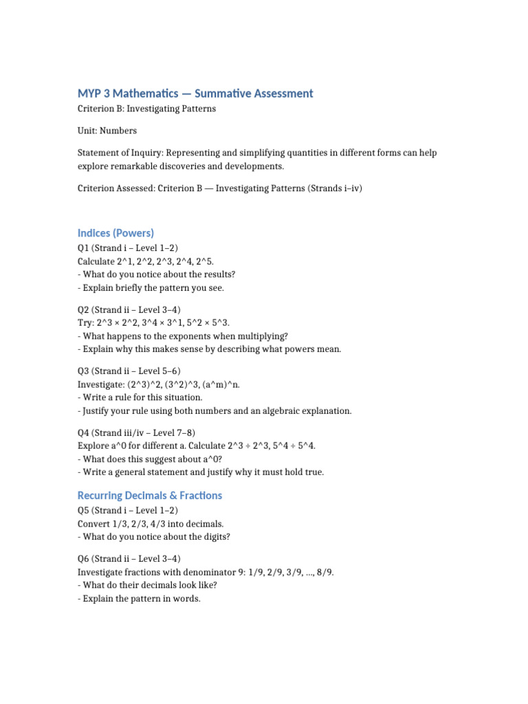 MYP 3 Math: Investigating Patterns Assessment | PDF | Elementary ...