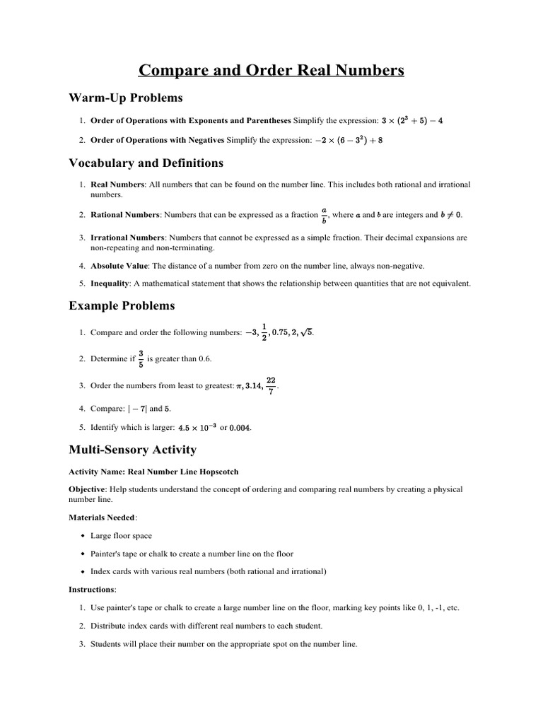 Lesson Plan - Compare and Order Real Numbers | PDF