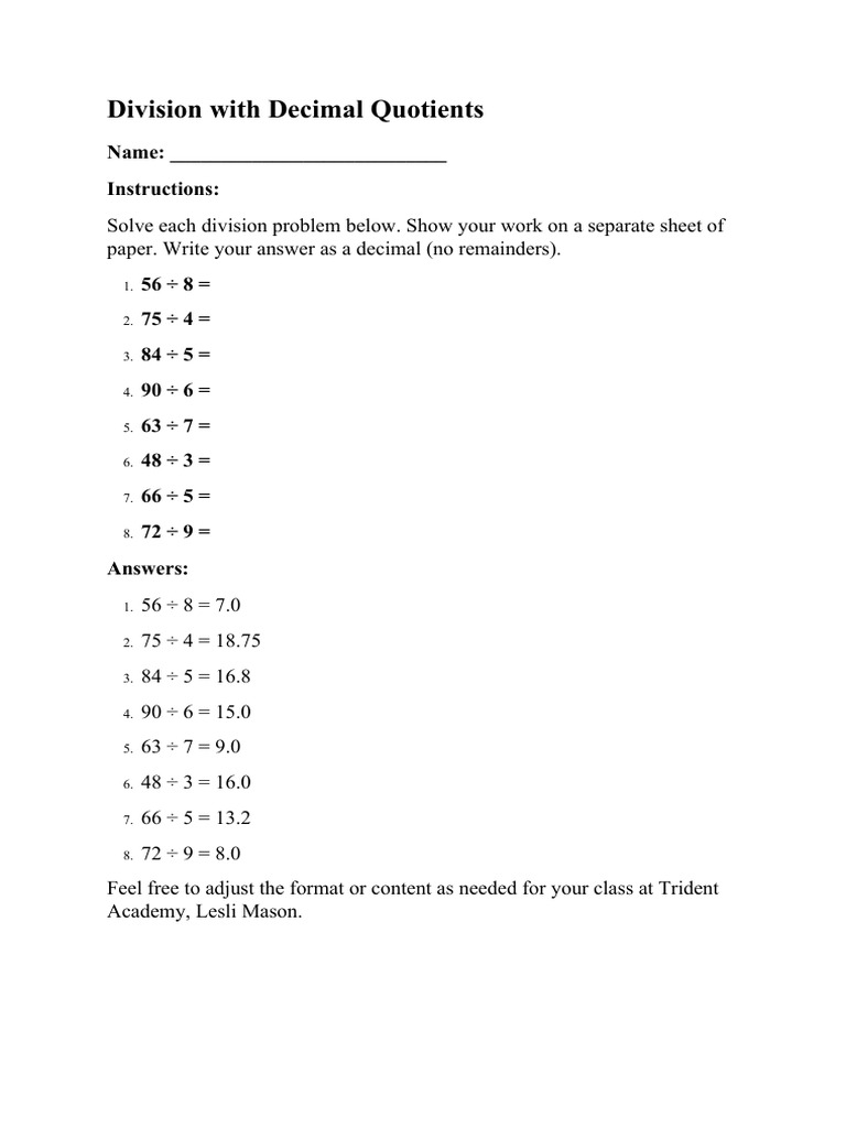 Division With Decimal Quotients Worksheet | PDF
