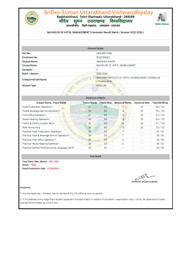 Bachelor of Hotel Management Semester 3 Results | PDF