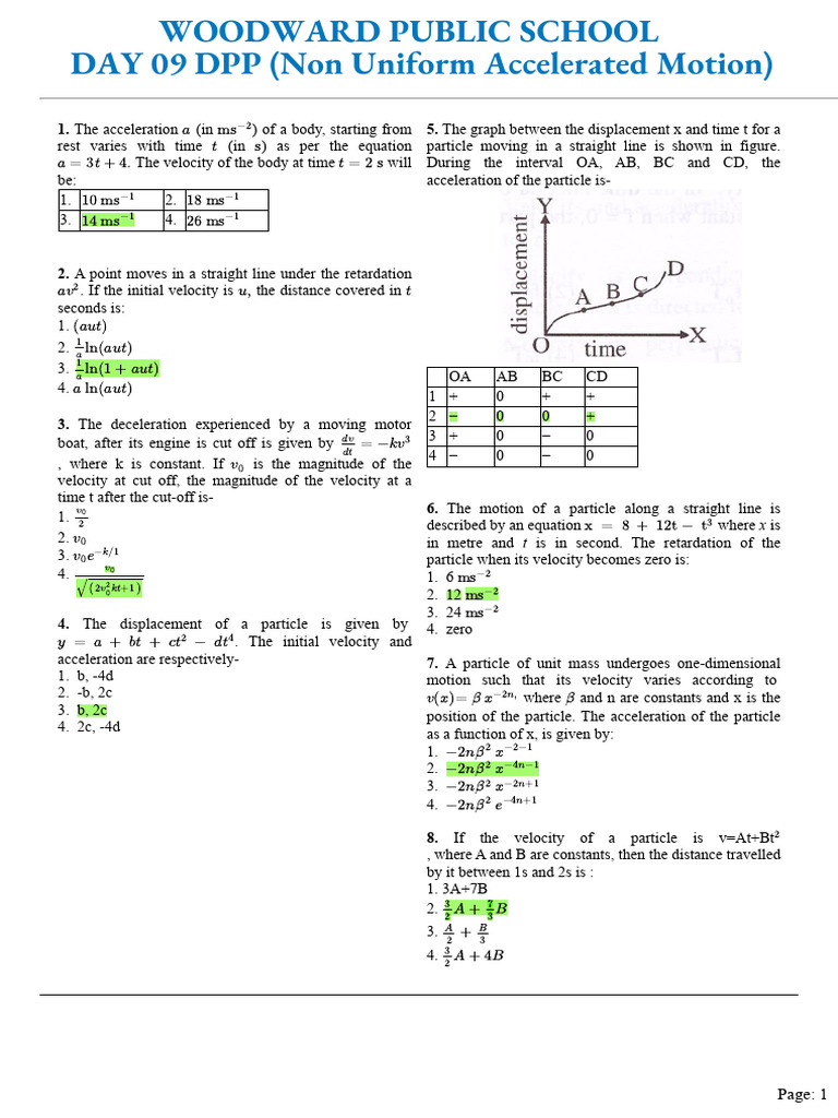 Non-Uniform Acceleration Motion DPP Test | PDF | Acceleration | Velocity
