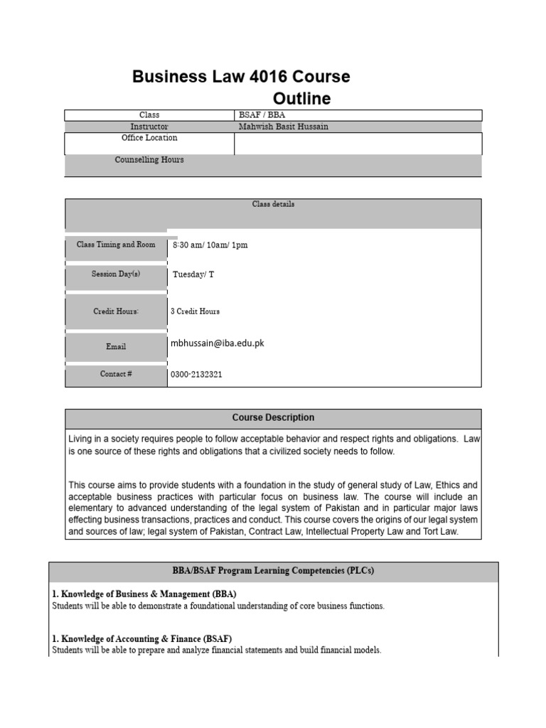 Business Law 4016 Course Outline | PDF | Critical Thinking | Tort