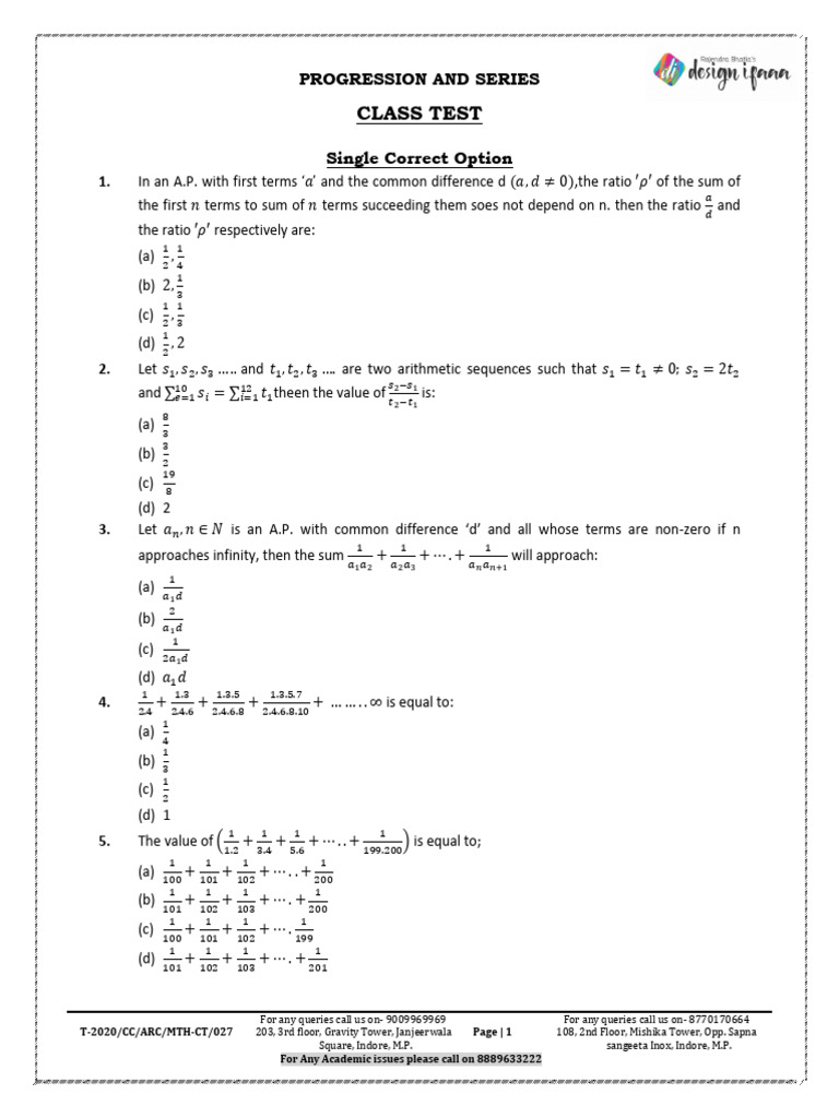 22. Class Test-progression and Series | PDF | Mathematics | Number Theory