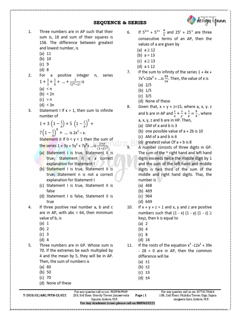 Sequence & Series Questions with Answers | PDF | Elementary Mathematics ...