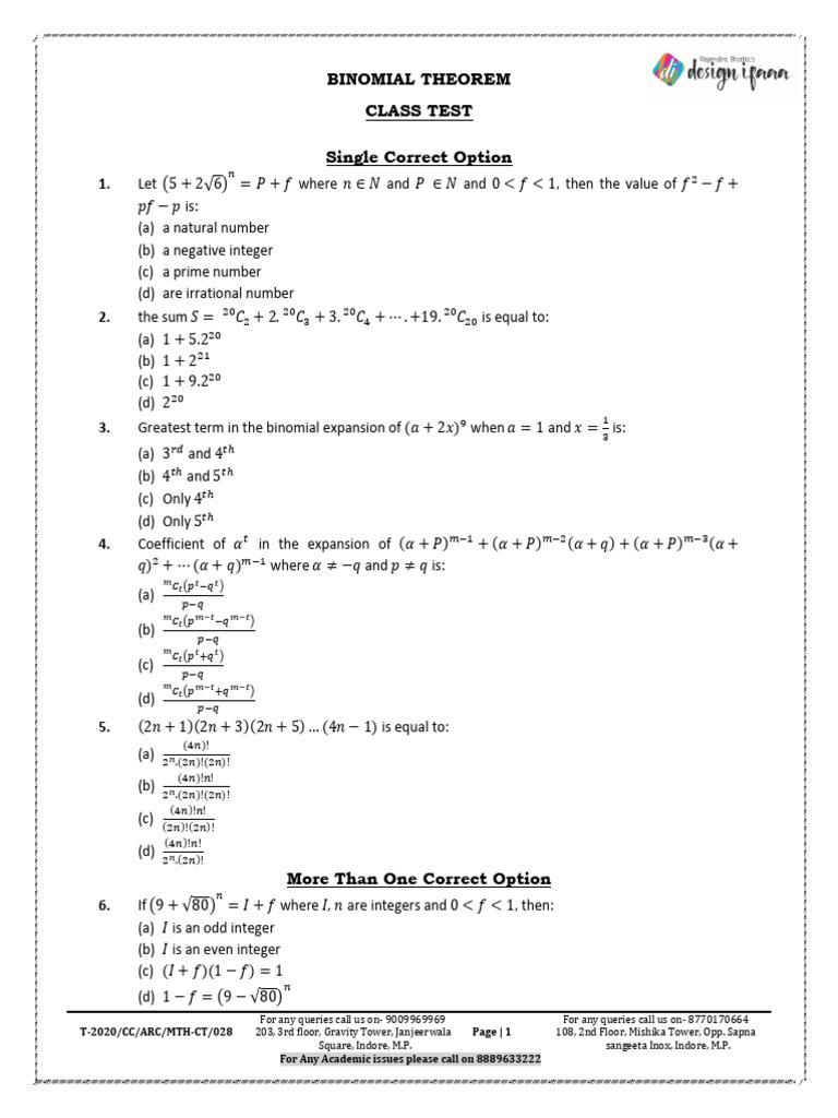 Binomial Theorem Class Test Questions | PDF | Numbers | Square Root