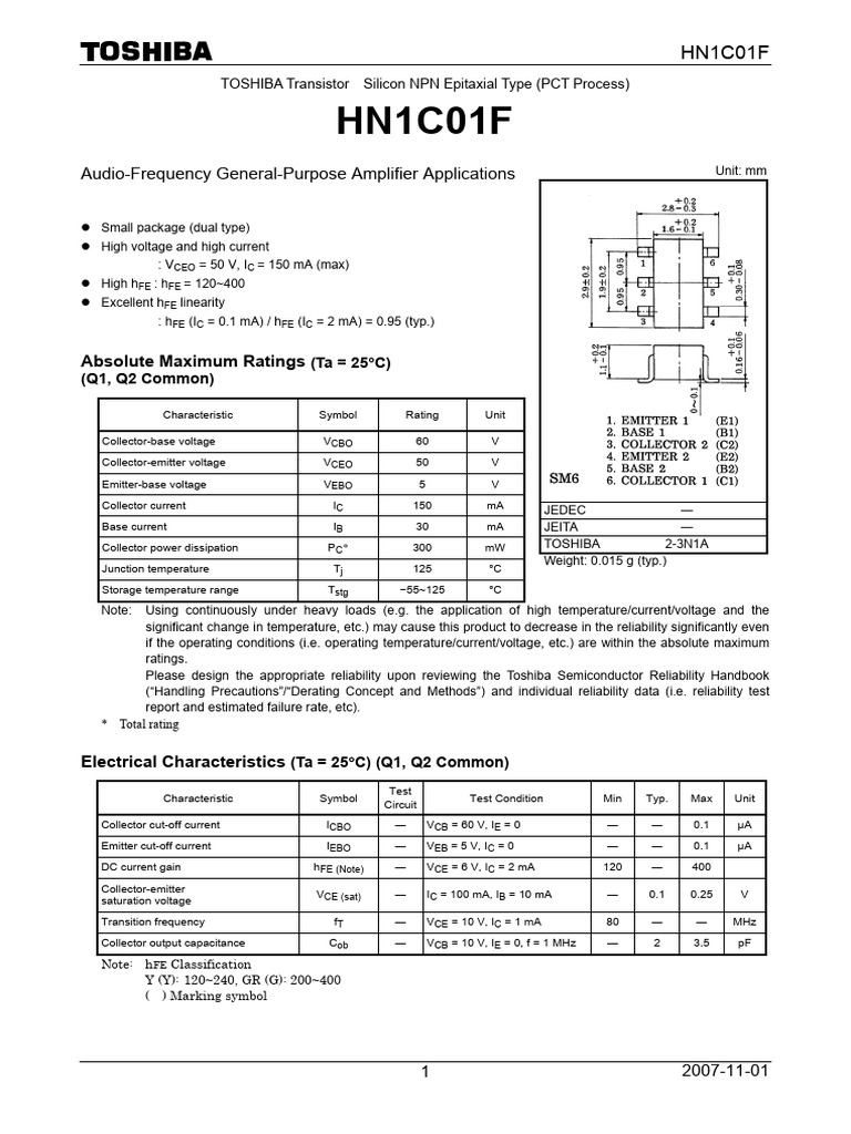 Hn1c01fu GR | PDF | Bipolar Junction Transistor | Reliability Engineering