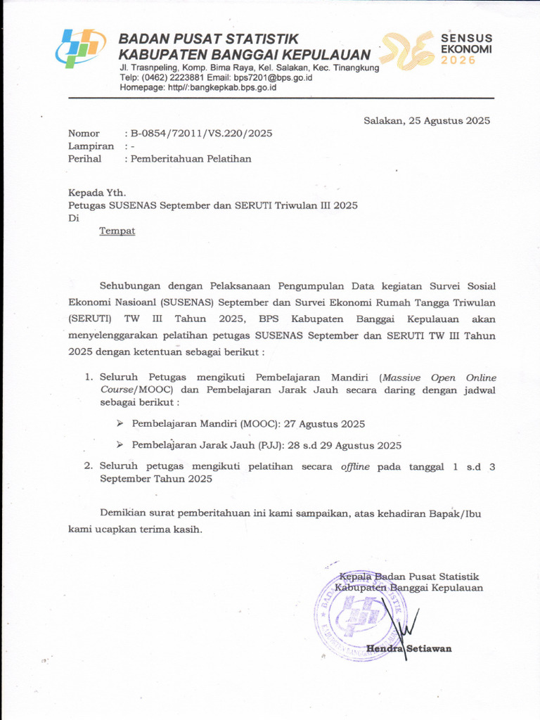 Pemberitahuan Pelatihan SUSENAS Dan SERUTI TW III | PDF