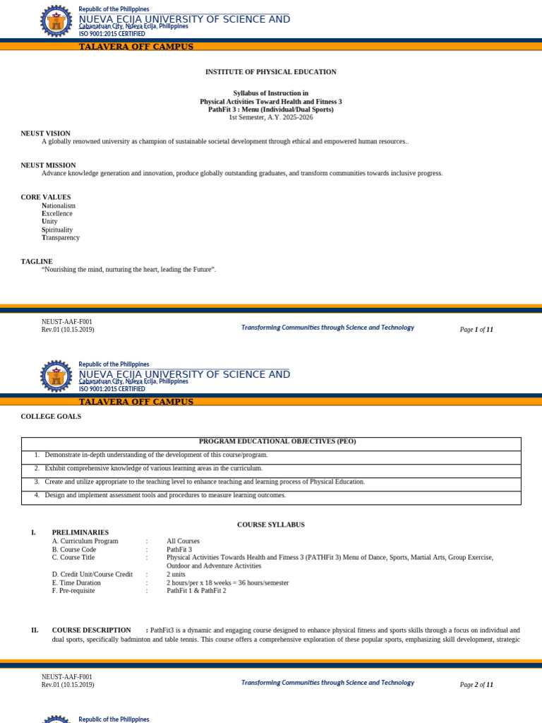 PathFit 3: Health & Fitness Syllabus | PDF | Physical Education | Learning