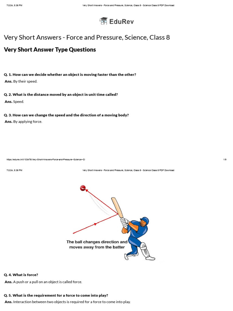 Very Short Answers - Force and Pressure, Science, Class 8 - Science Class 8 PDF Download | PDF ...
