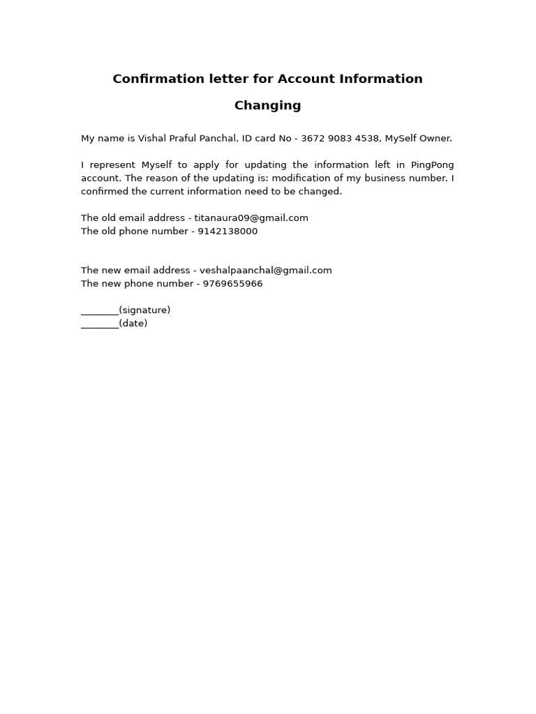 Confirm Letter For Changing Account Information | PDF