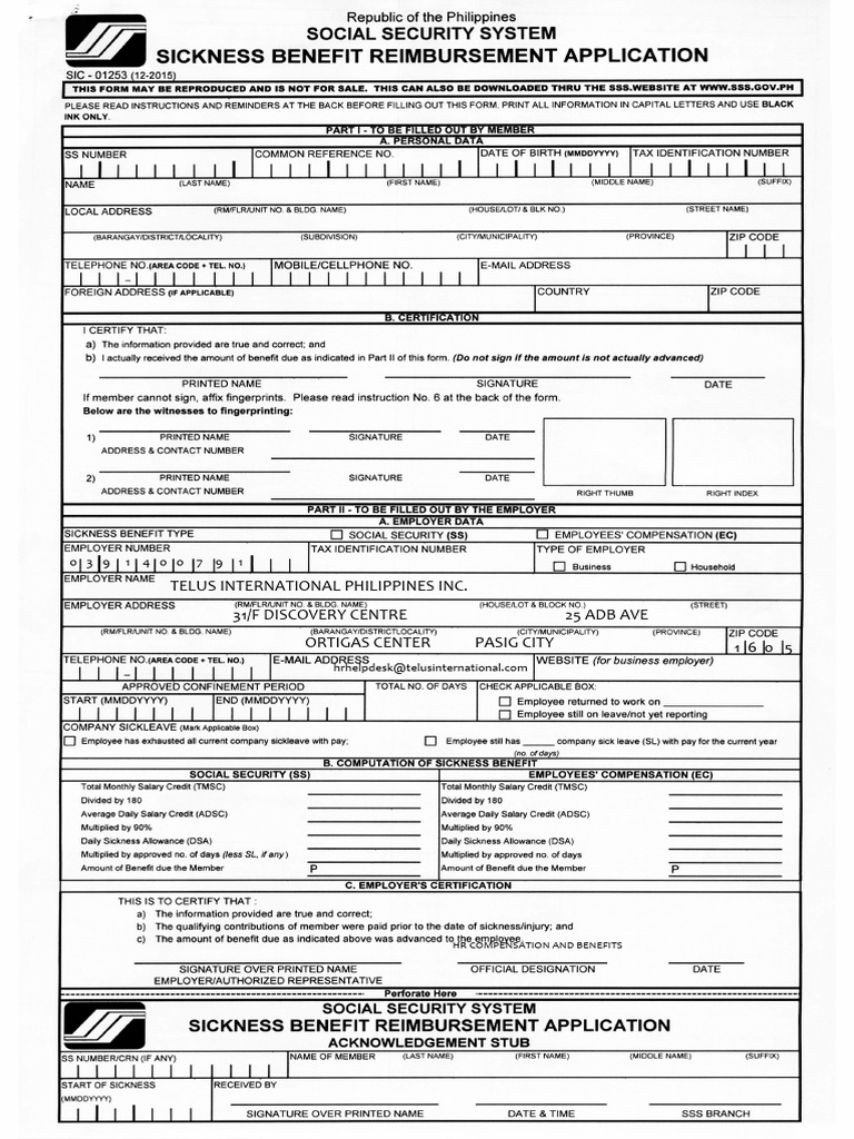 SSS Sickness Reimbursement Form | PDF