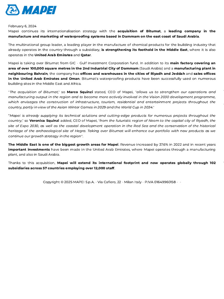 Mapei Takes Over The Saudi Company Bitumat - Mapei | PDF | Arabian ...