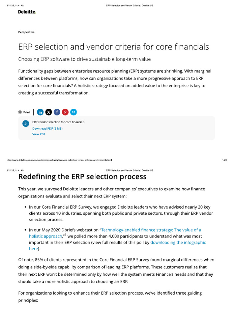 ERP Selection Vendor Criteria Core Financials | PDF