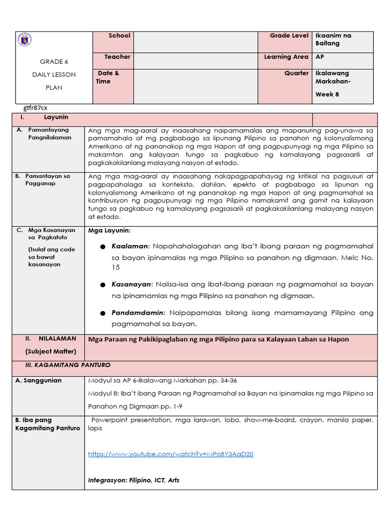 gtfr87cx: School Grade Level Ikaanim Na Baitang Teacher Learning Area ...