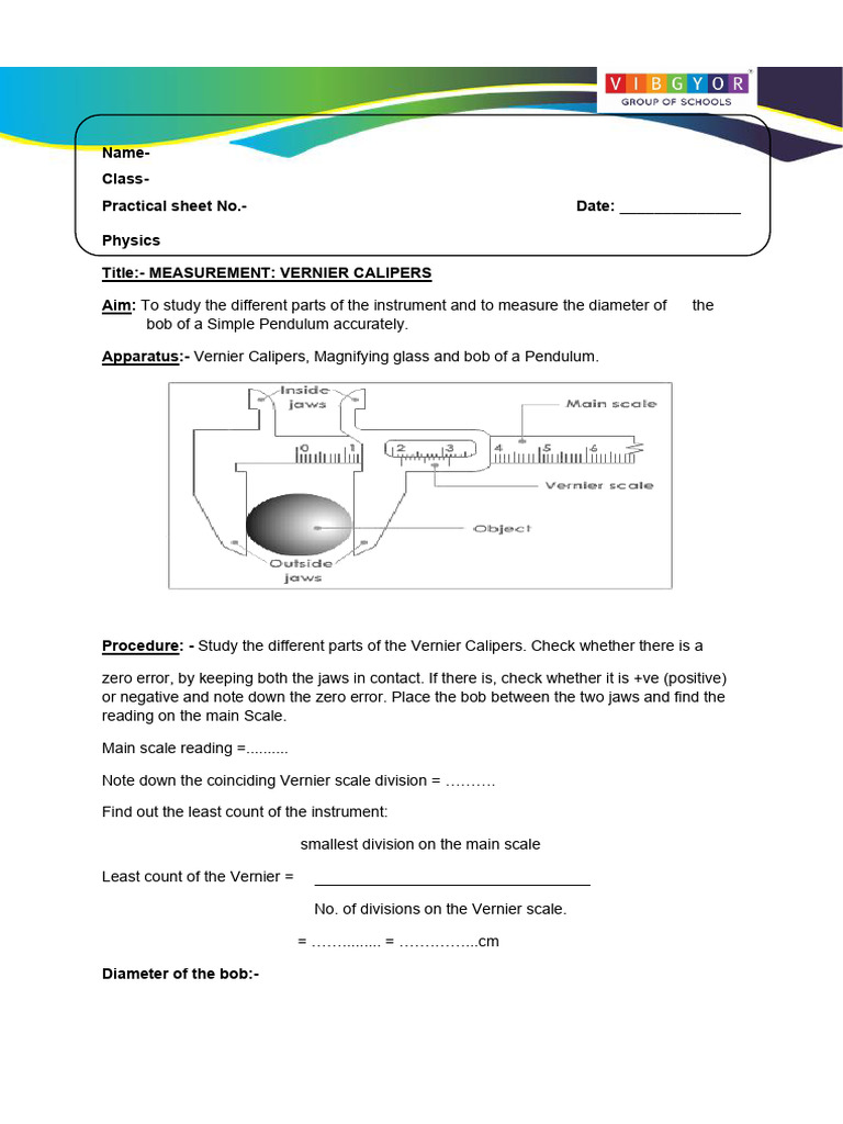 Practical Sheet _Practical 4 Vernier Calliper | PDF