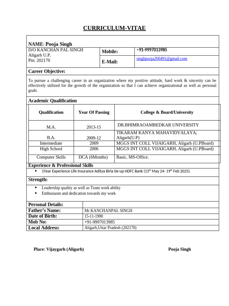 Curriculum Vitae - Pooja | PDF